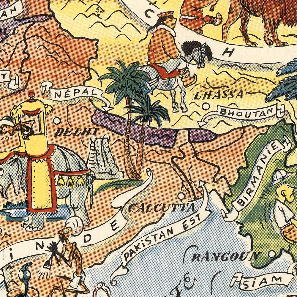 Old Pictorial Map of Asia by Liozu, 1951: Post-wwii Boundaries ...