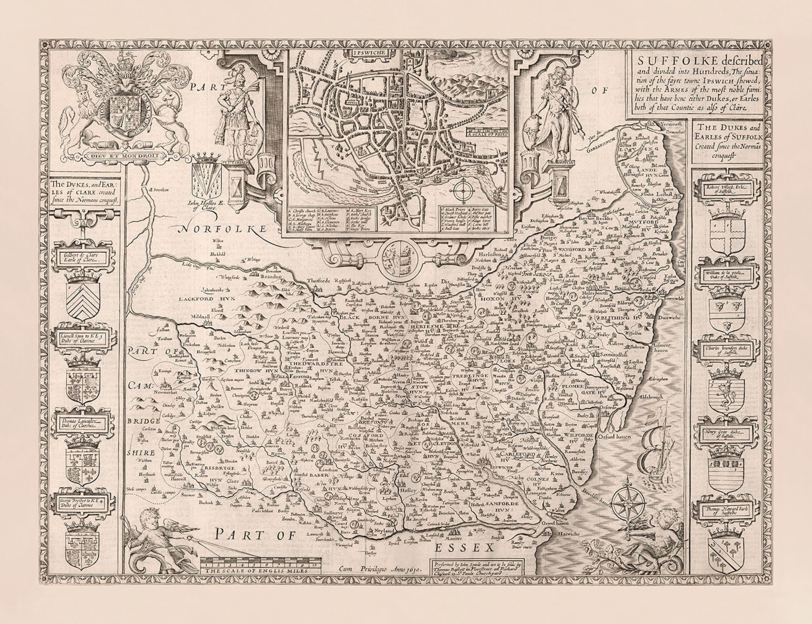 Old Map of Suffolk 1611 by Speed Ipswich Lowestoft Bury - Etsy UK