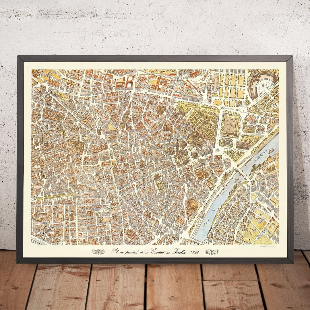 Old Birdseye Map of Seville by Loeches & Navarro, 1964: Cathedral ...