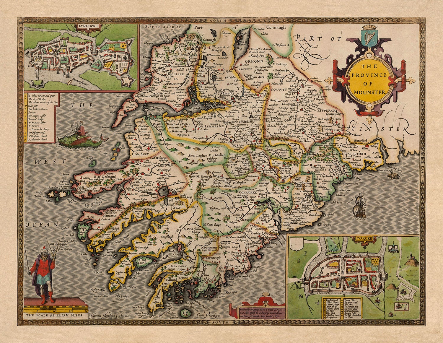 Old Map of Munster, Ireland in 1611 by John Speed - County Cork, Clare ...
