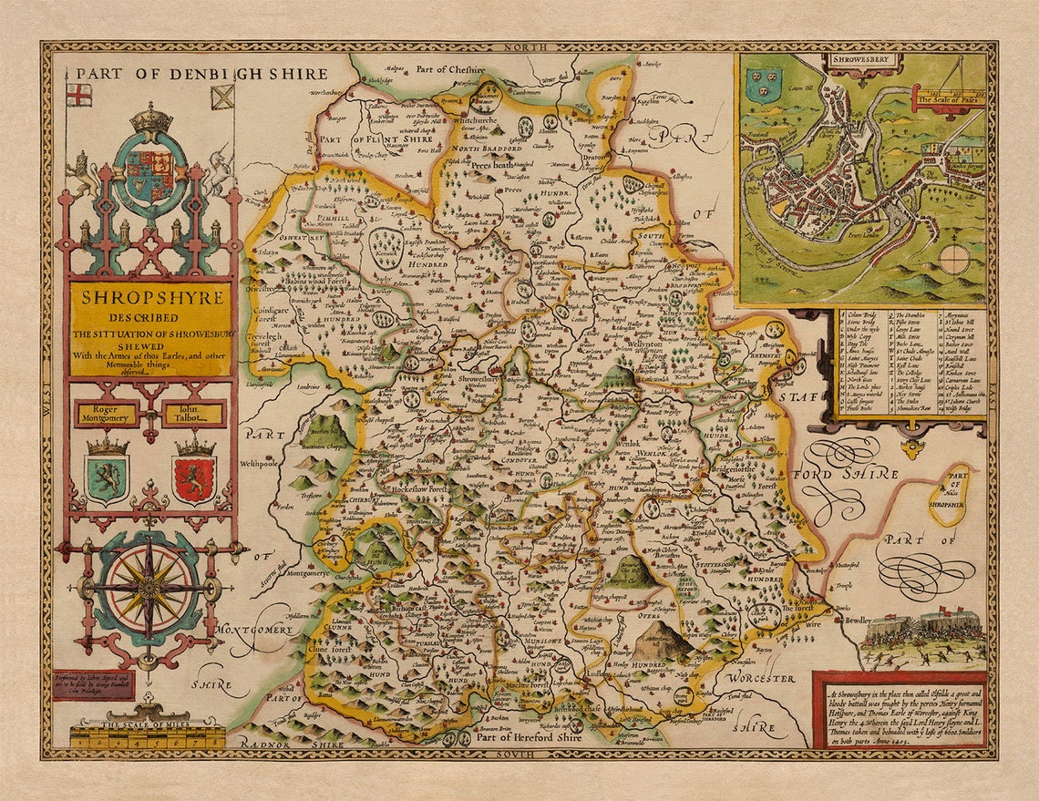 Old Map of Shropshire in 1611 by John Speed Shrewsbury - Etsy UK