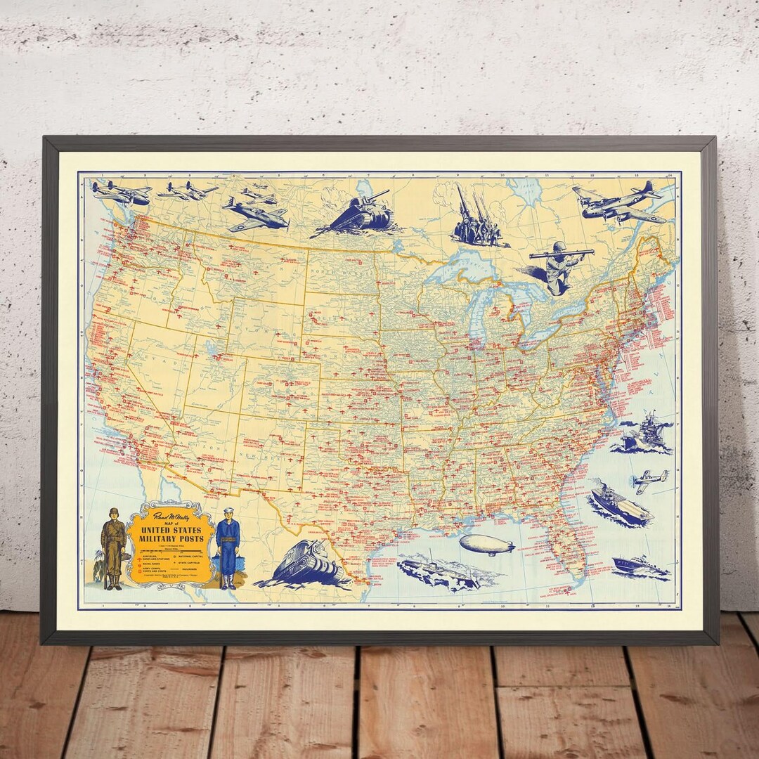 Old Military Map of United States by Rand Mcnally, 1944: WW2, Airfields ...
