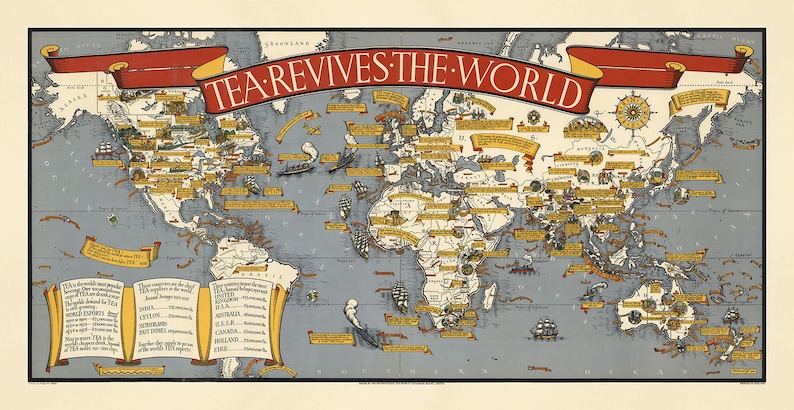 Tea World Map, 1940 - Rare Old Vintage Wall Chart by Macdonald Gill ...