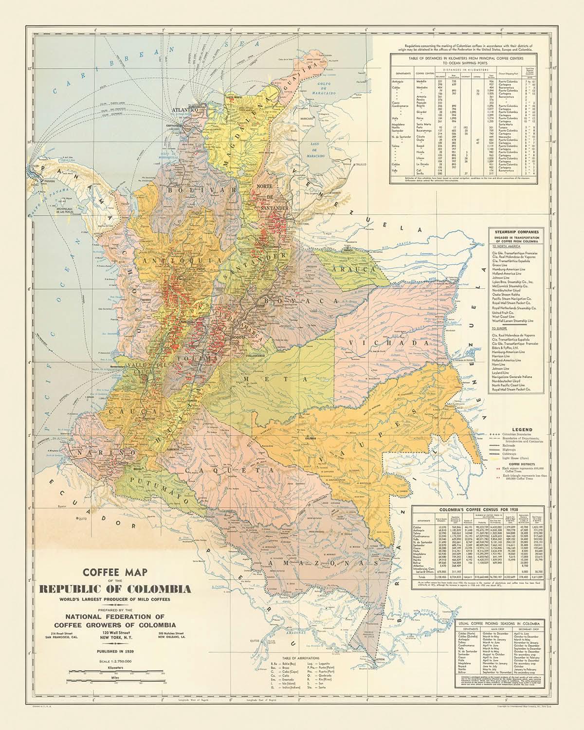 Old Map of Colombia, 1939: Coffee Regions, Andes, Bogotá, Medellín ...
