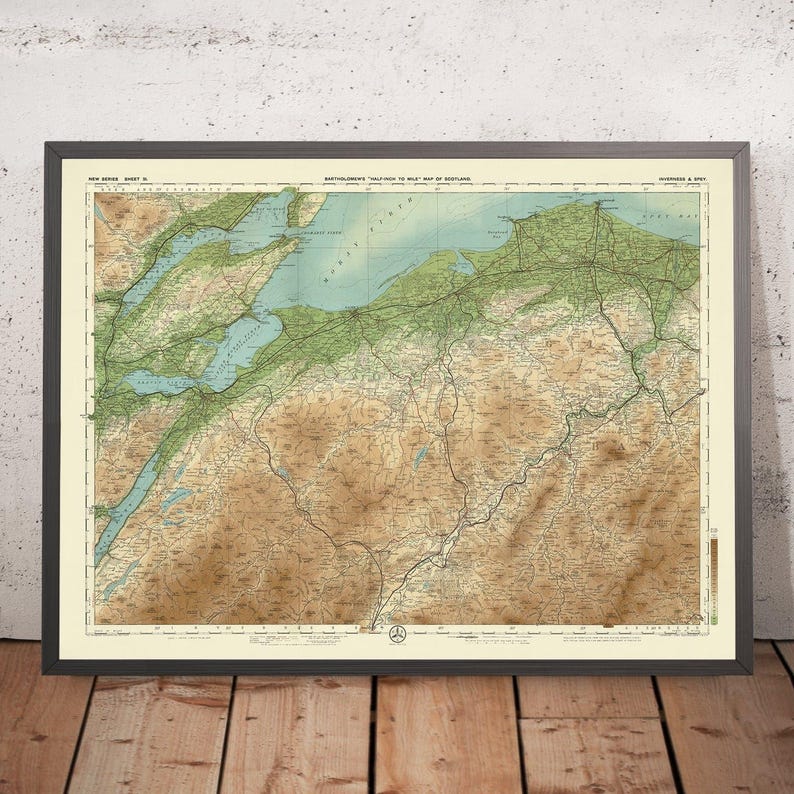 Old OS Map of Inverness & Spey, Scottish Highlands by Bartholomew, 1901 ...