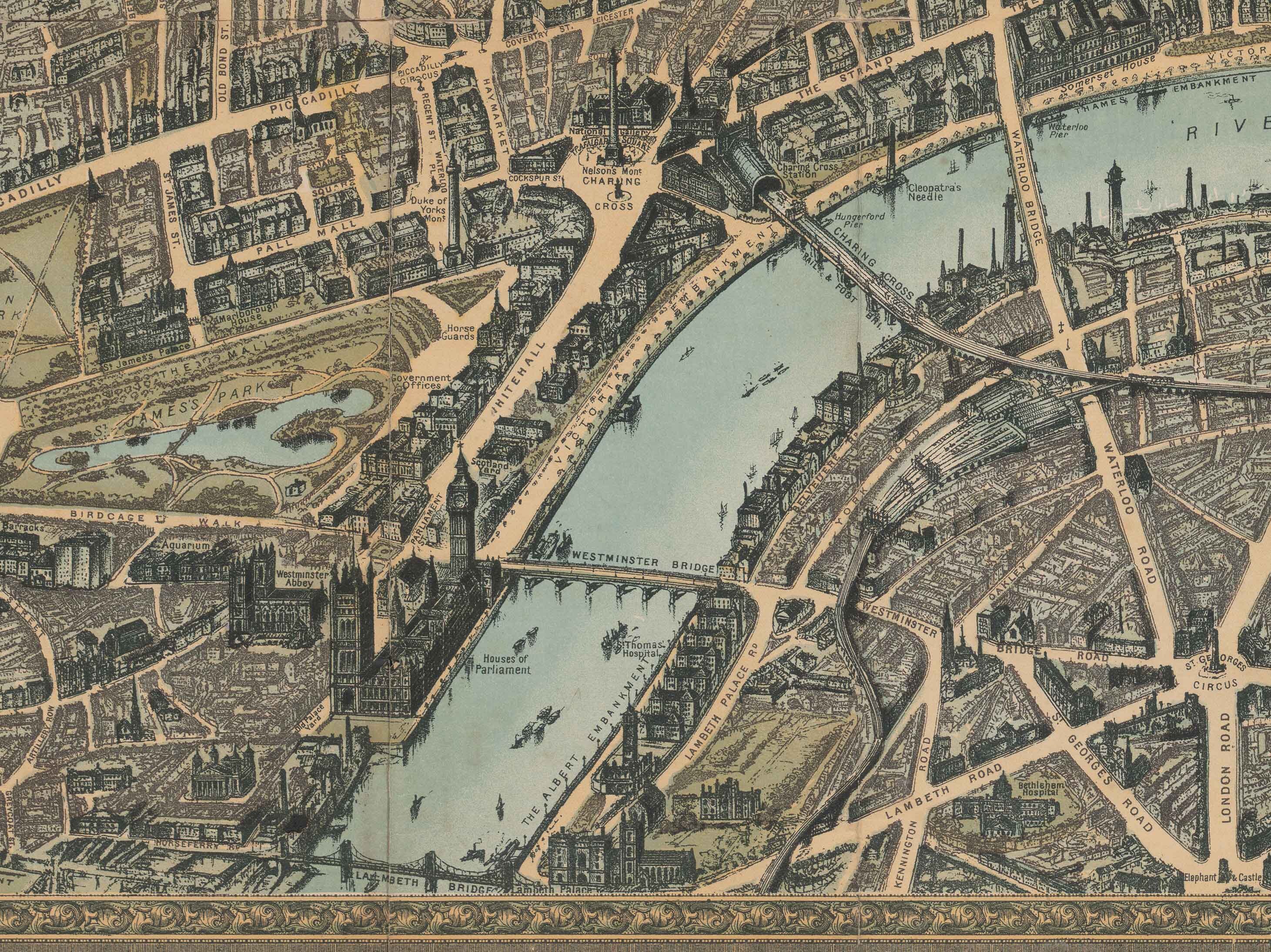 Old Birds Eye Map of London in 1892 by Charles Baker & Co - Westminster ...