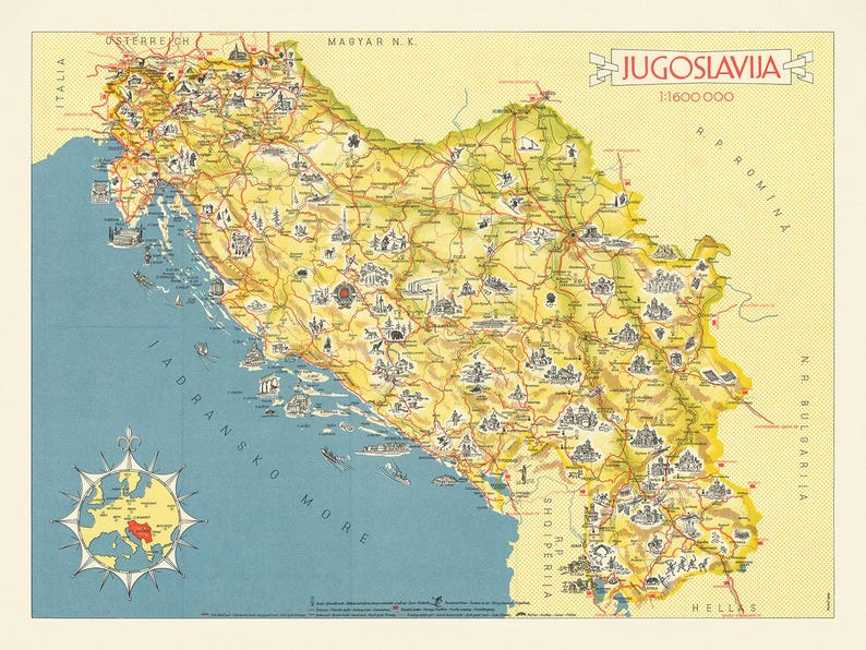 Old Pictorial Map of Yugoslavia by Kopac, 1959: Belgrade, Zagreb ...