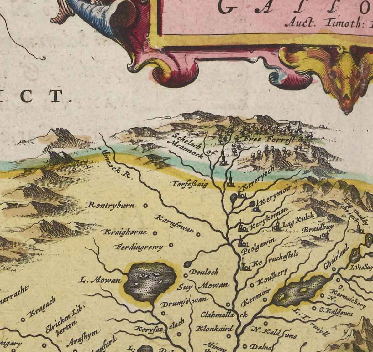 Old Map of Galloway in 1665 by Joan Blaeu - Dumfries, Glenluce, Wigtown ...