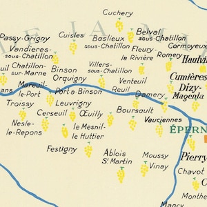 Old Wine Map of Champagne Region by Hetreau, 1954: Reims, Troyes ...