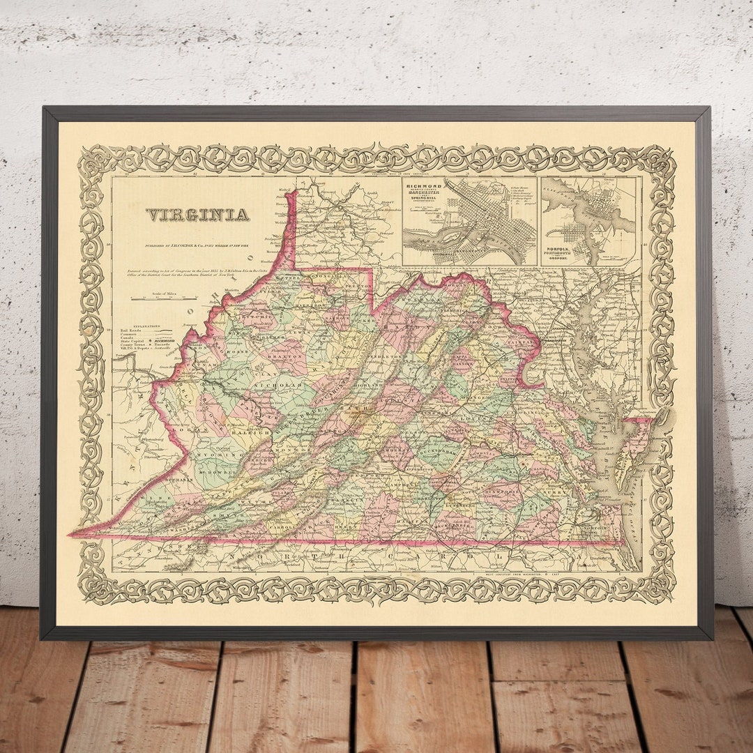 Old Map of Virginia by Colton, 1859: Richmond, Alexandria, Norfolk ...
