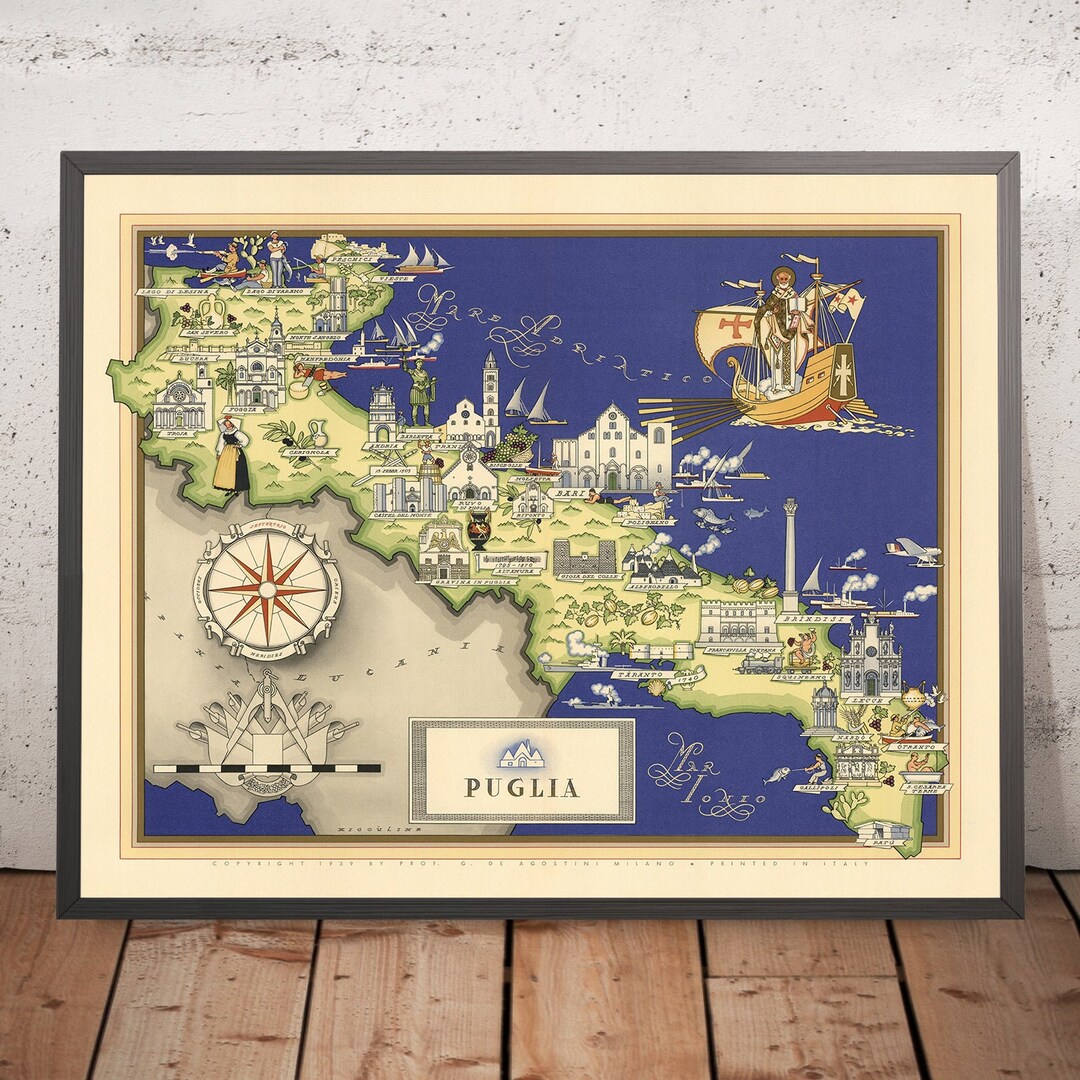 Old Pictorial Map of Apulia by De Agostini, 1938: Bari, Brindisi ...
