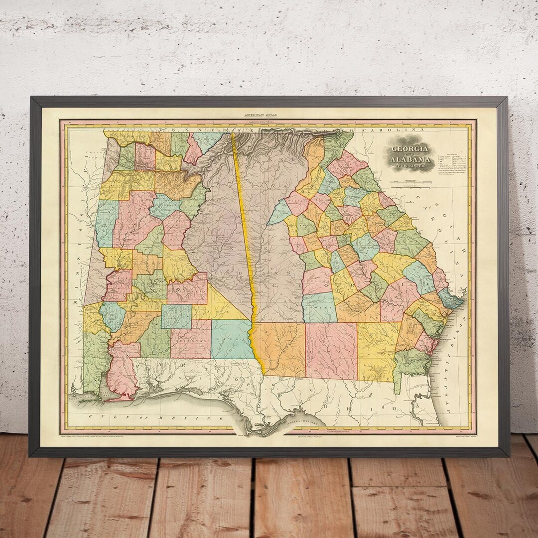 Old Map of Georgia and Alabama by H. S. Tanner, 1820: Atlanta, Savannah ...