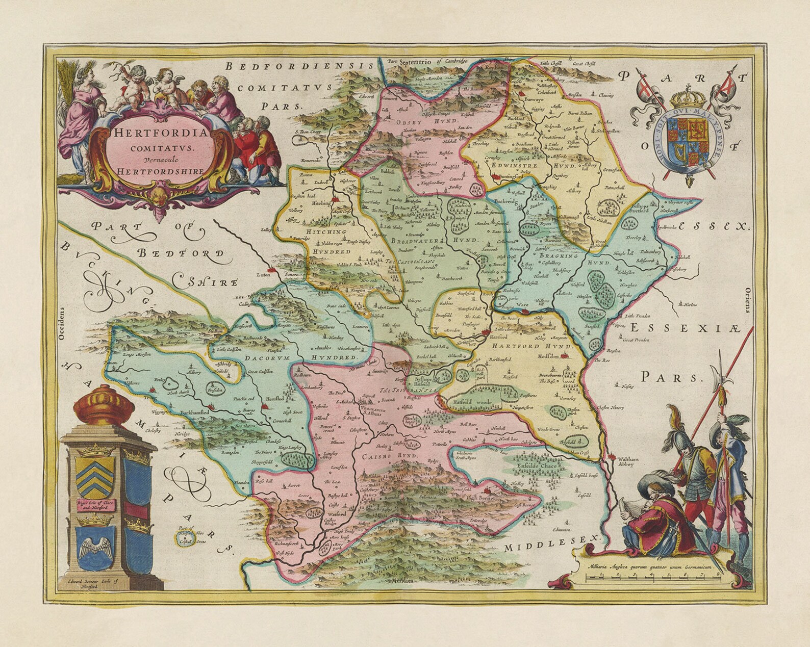 Old Map of Hertfordshire, 1665 by Blaeu - Stevenage, St Albans, Watford ...