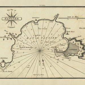 Old Bay of Tangier, Morocco Nautical Chart by Heather, 1802: Portuguese ...