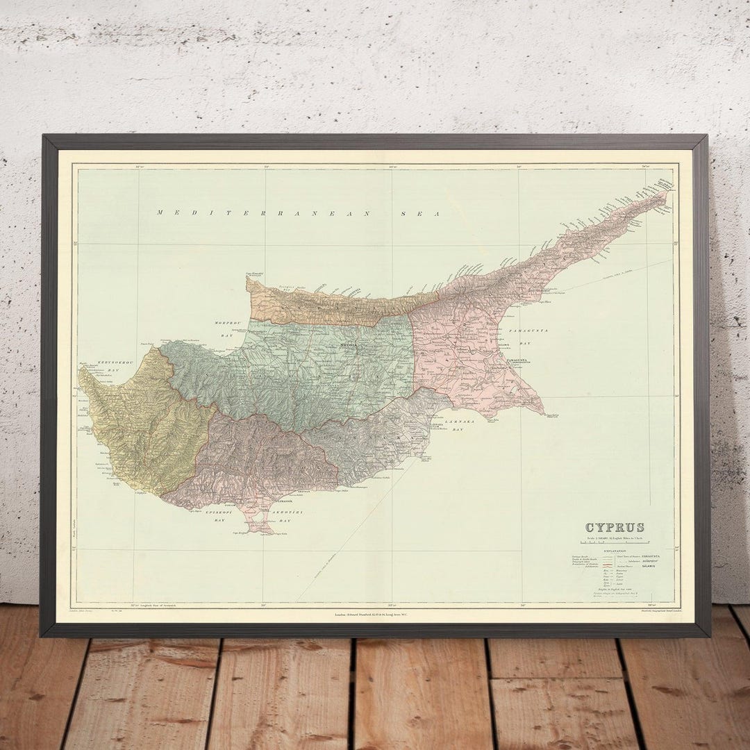 Old Map of Cyprus by Stanford, 1904: Nicosia, Troodos Mtns, Ancient ...