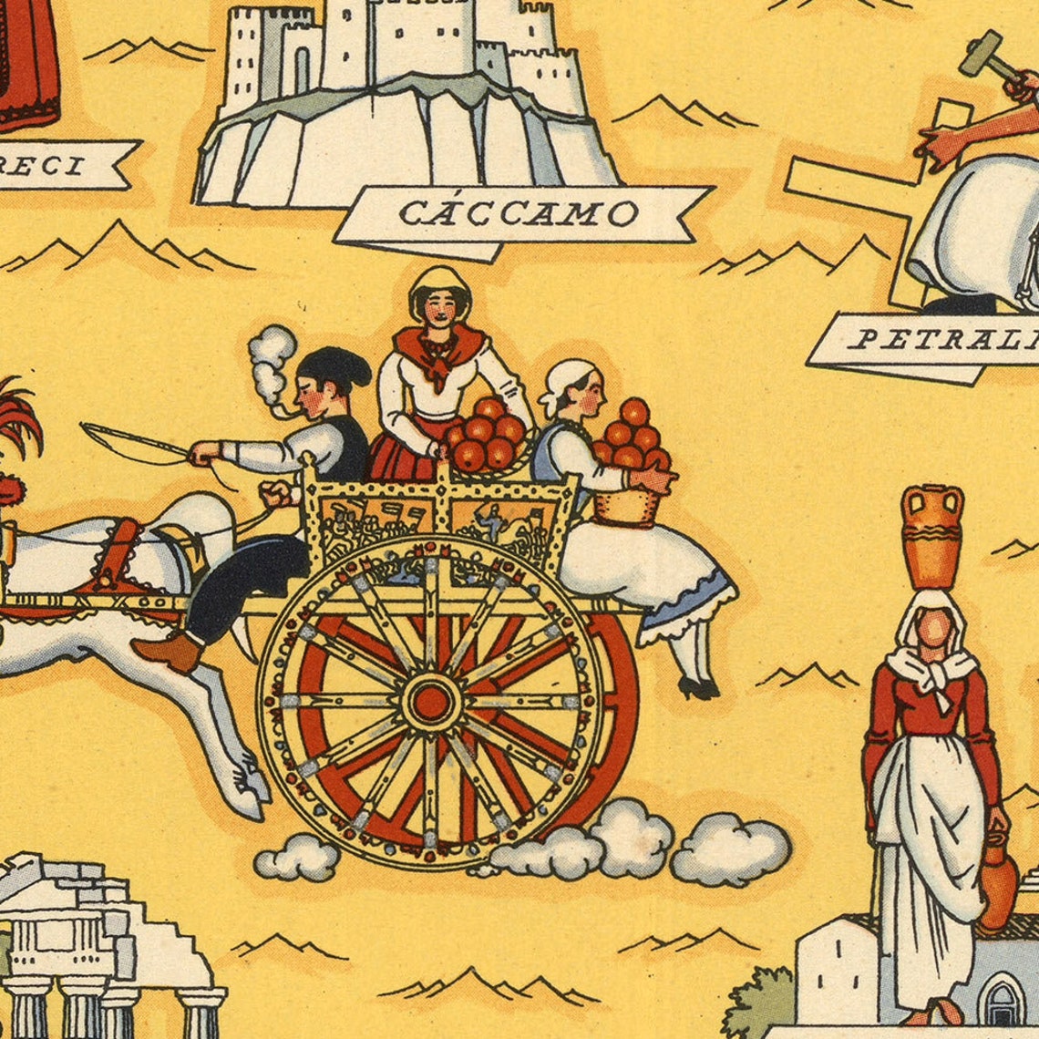 Old Pictorial Map of Sicily by De Agostini, 1938: Palermo, Catania ...