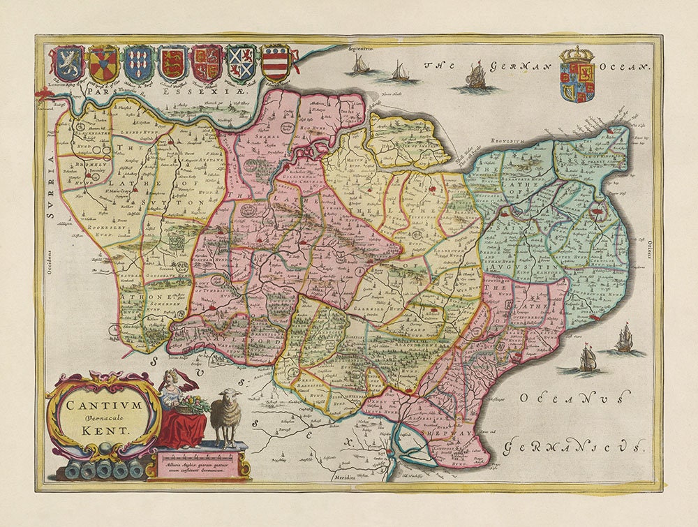 Old Map of Kent in 1665 by Joan Blaeu - Canterbury, Maidstone, Bromley ...