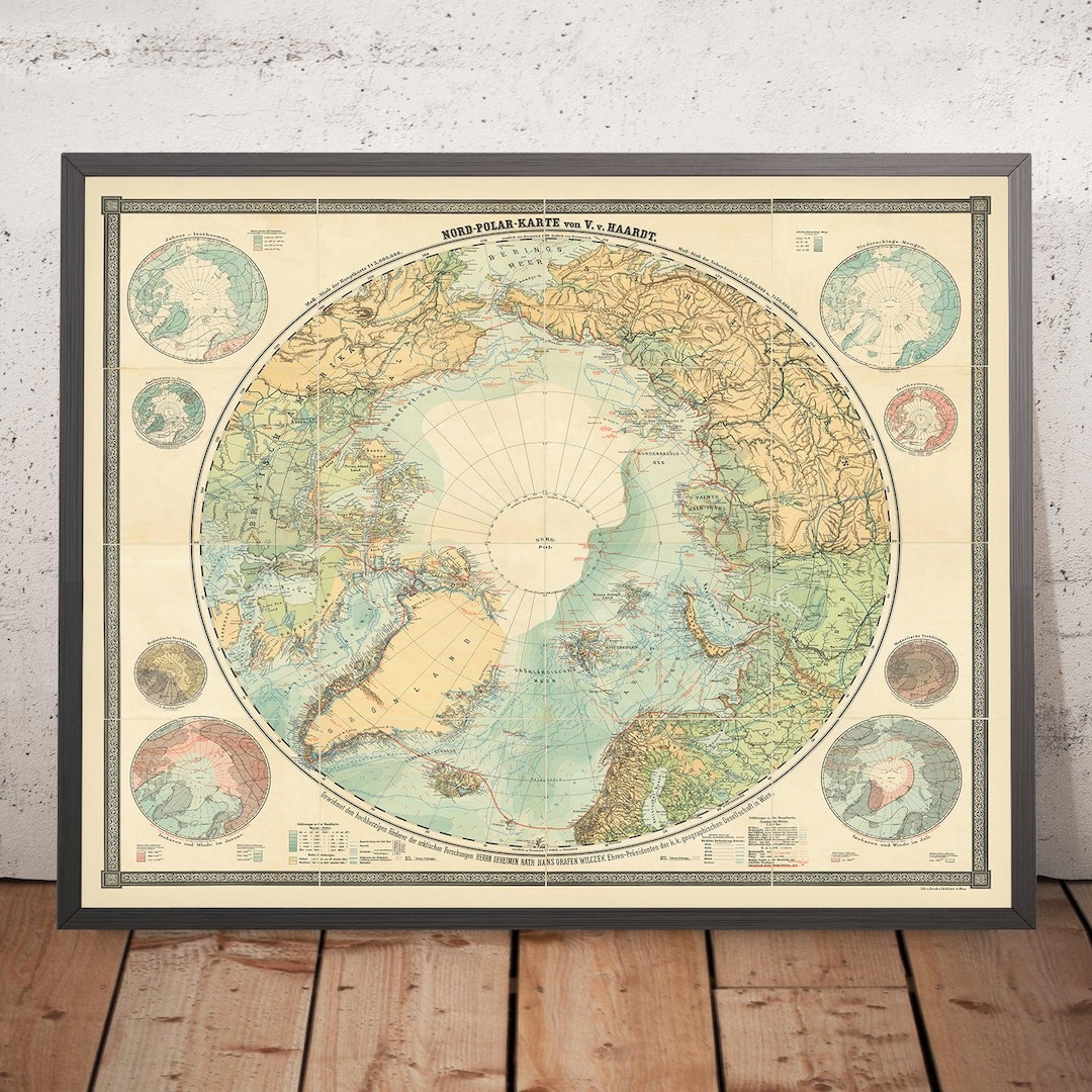Large Old Map of Arctic Exploration by Haardt, 1898: Frobisher, Hudson ...