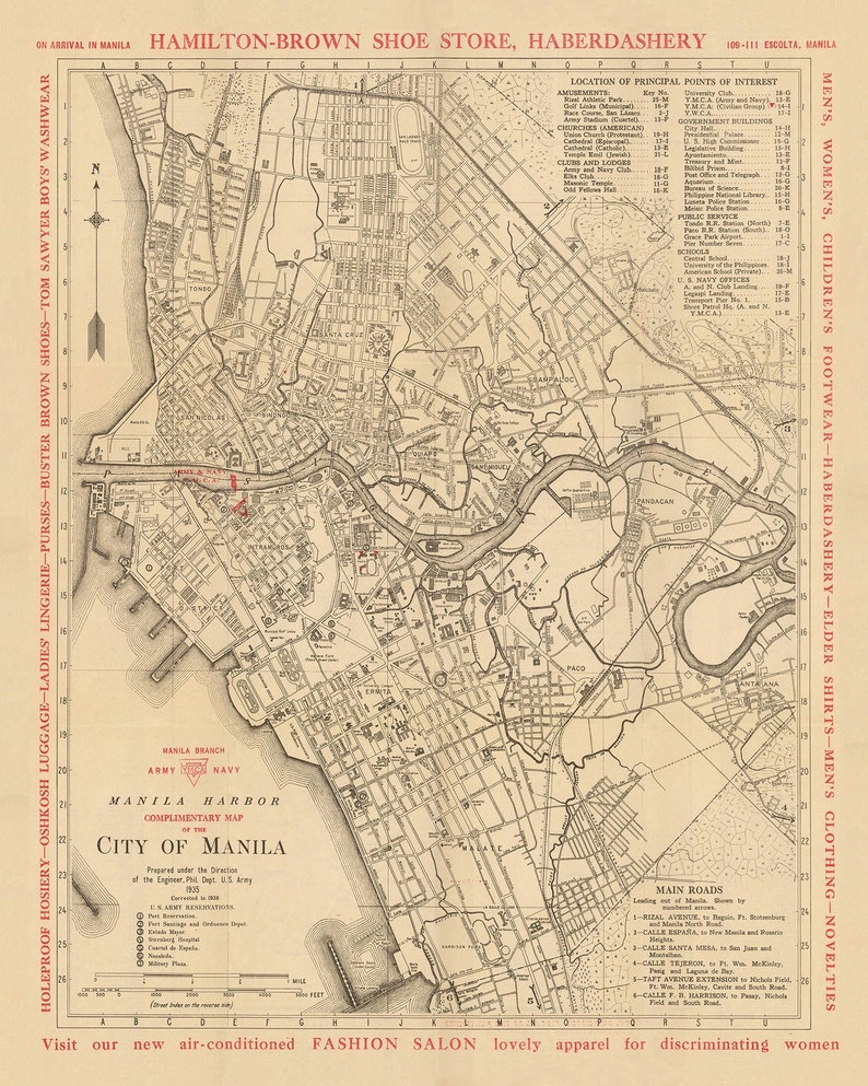 Old Map of Manila by YMCA & US Army, 1938: Intramuros, Ermita, Quiapo ...