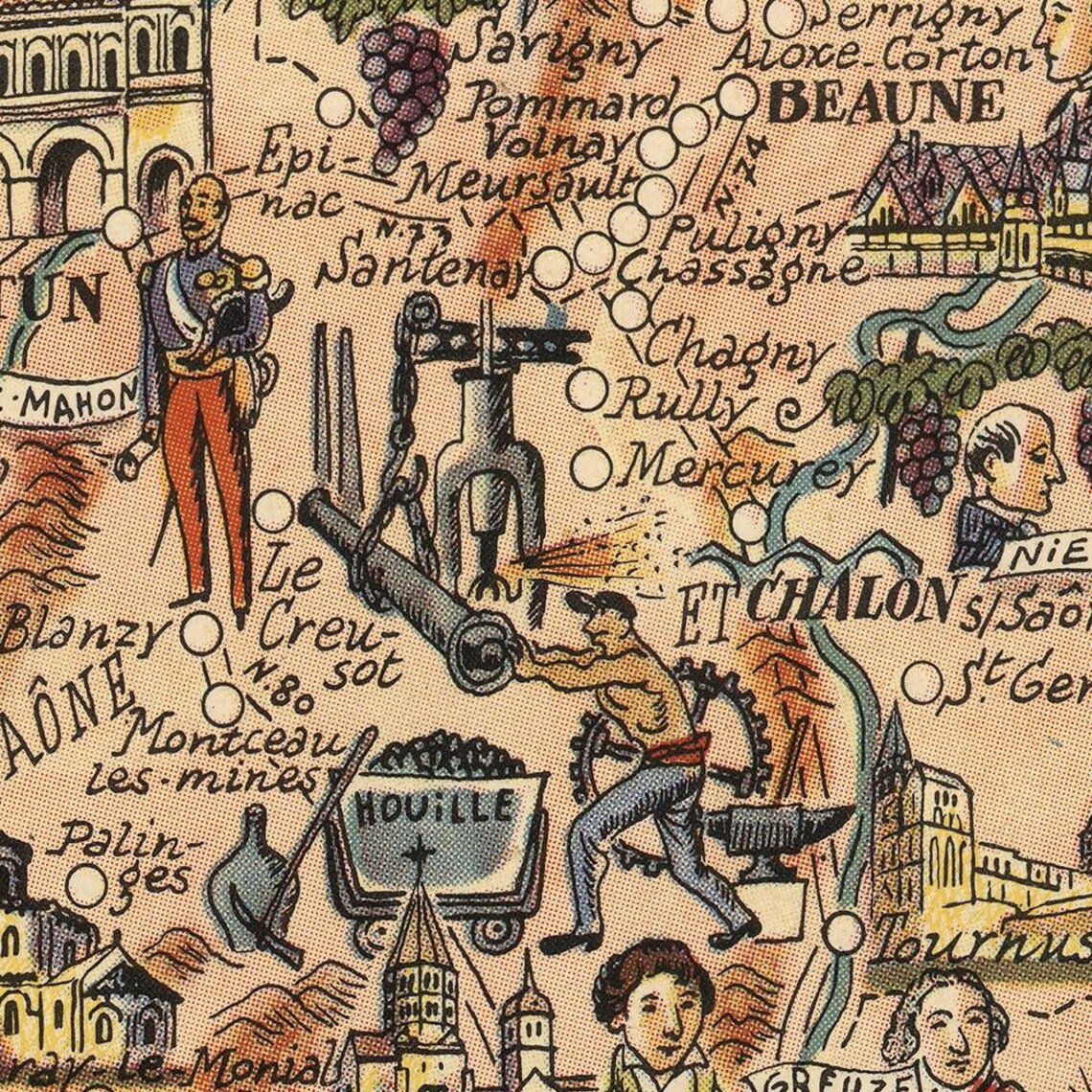 Old Pictorial Map of Burgundy (bourgogne) by Liozu, 1951: Dijon, Beaune ...