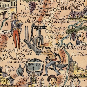 Old Pictorial Map of Burgundy (bourgogne) by Liozu, 1951: Dijon, Beaune ...