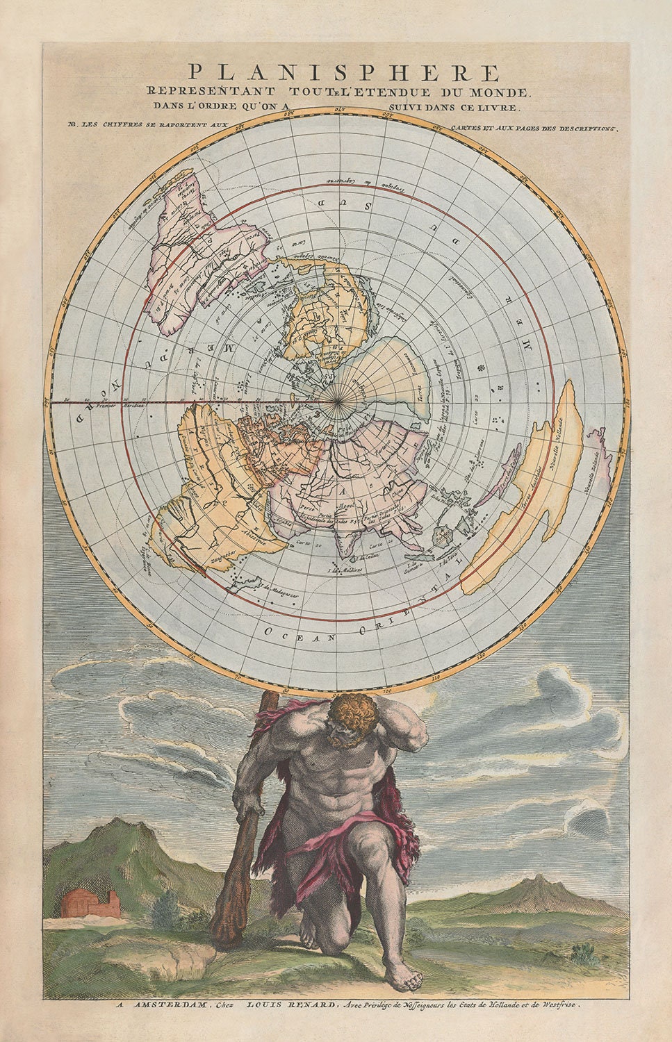 Old Flat Earth Planisphere World Map, 1715 by Louis Renard - Cassini ...