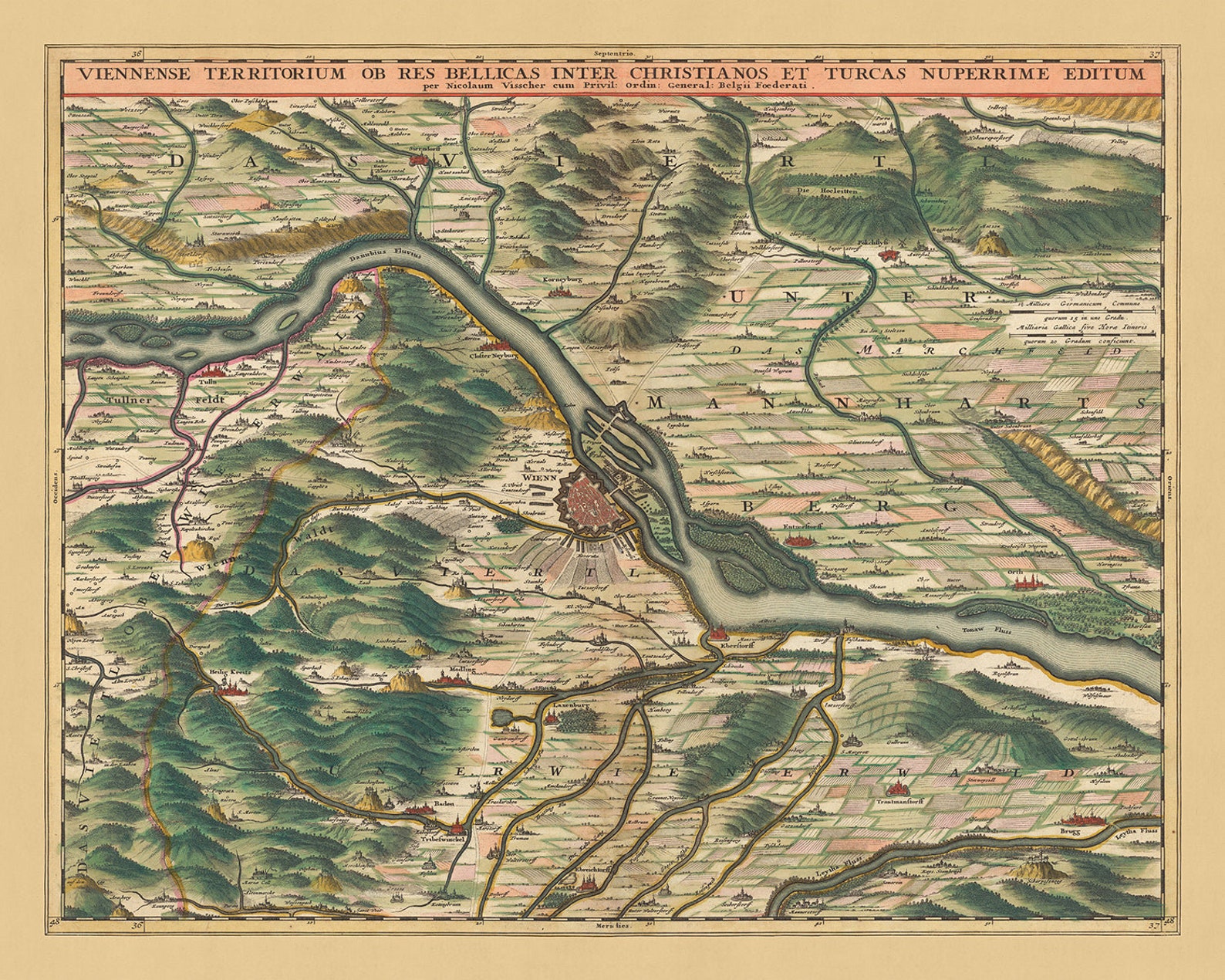 Old Map of Territory Around Vienna, Visscher, 1690: Tulln, Schwechat ...