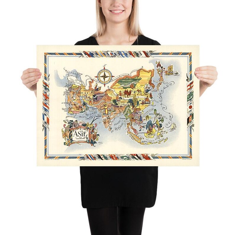Old Pictorial Map of Asia by Liozu, 1951: Post-wwii Boundaries ...
