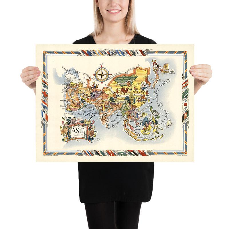 Old Pictorial Map of Asia by Liozu, 1951: Post-wwii Boundaries ...