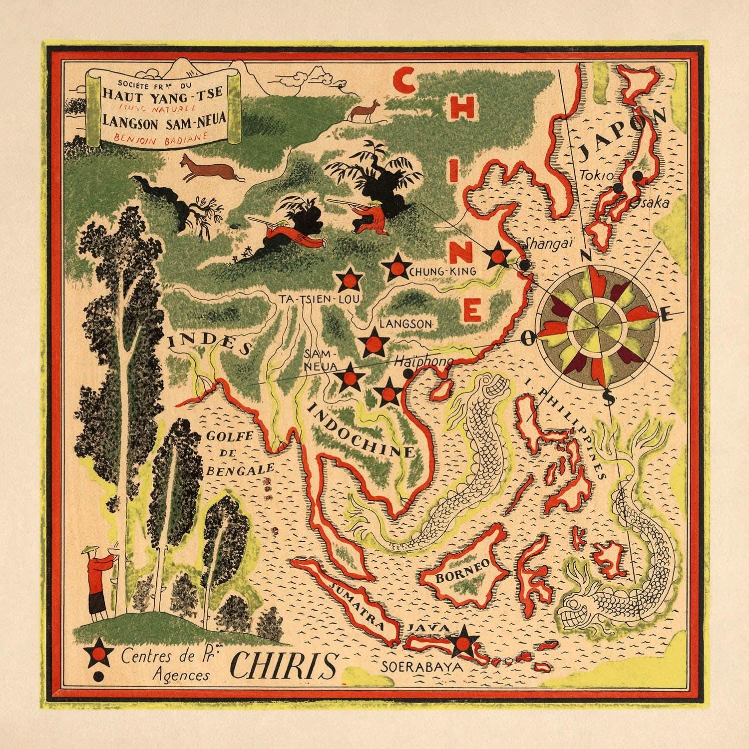 Old Pictorial Map of China by Mazuyer, 1931: Shanghai, Dragons, Golfe ...