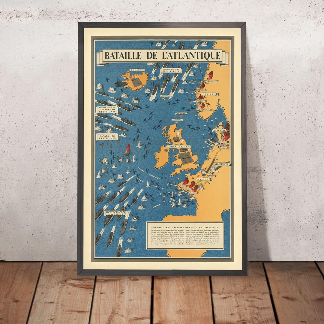 Old Pictorial Map of the Battle of the Atlantic by Blake, 1944: UK, U ...