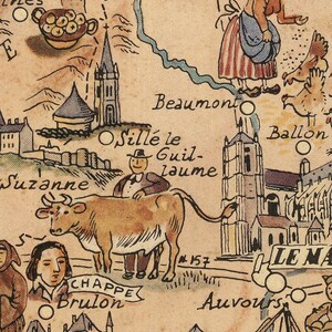 Old Pictorial Map of Maine, France by Liozu, 1951: Le Mans, Laval ...
