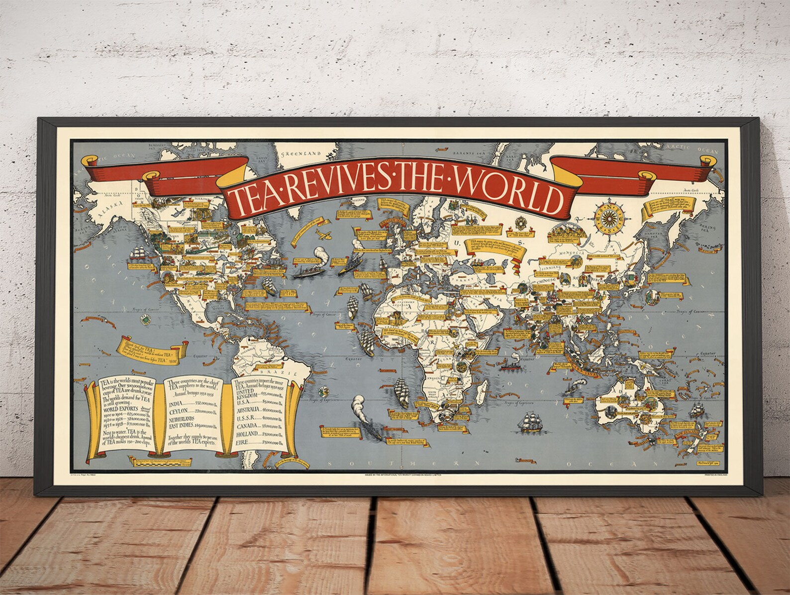Tea World Map, 1940 - Rare Old Vintage Wall Chart by Macdonald Gill ...