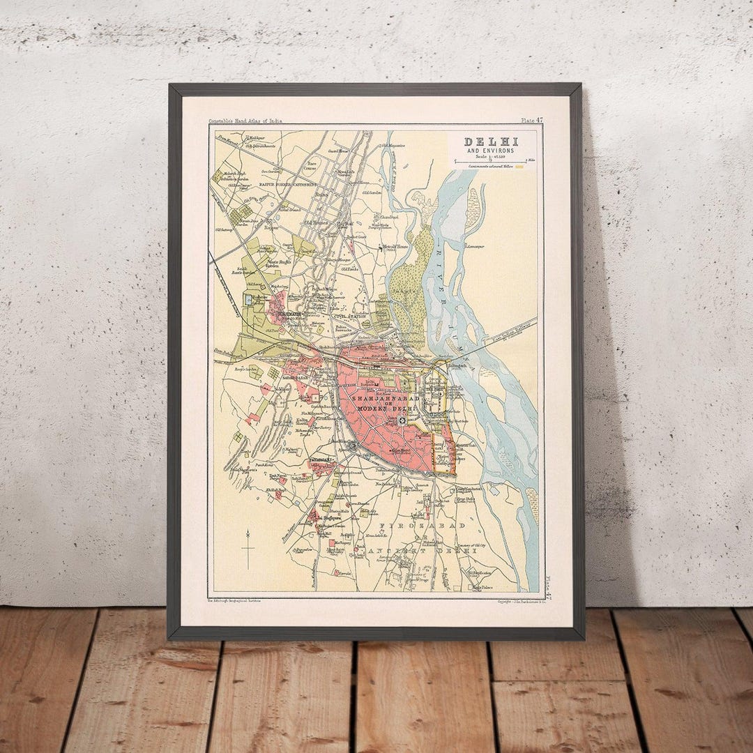 Old Map of Delhi by Bartholomew, 1893: Shahjahanabad, Jumma Musjid ...