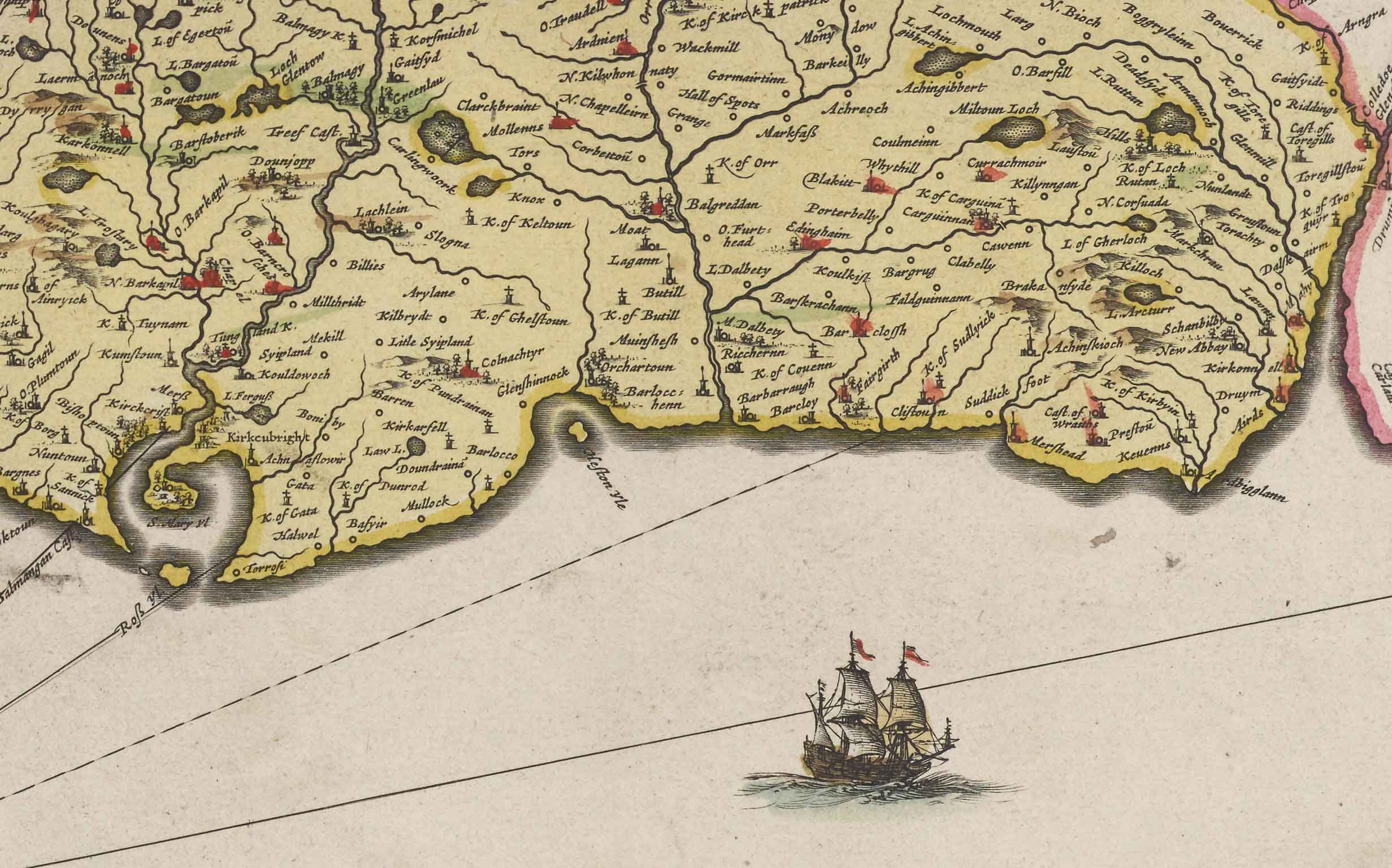 Old Map of Galloway in 1665 by Joan Blaeu - Dumfries, Glenluce, Wigtown ...