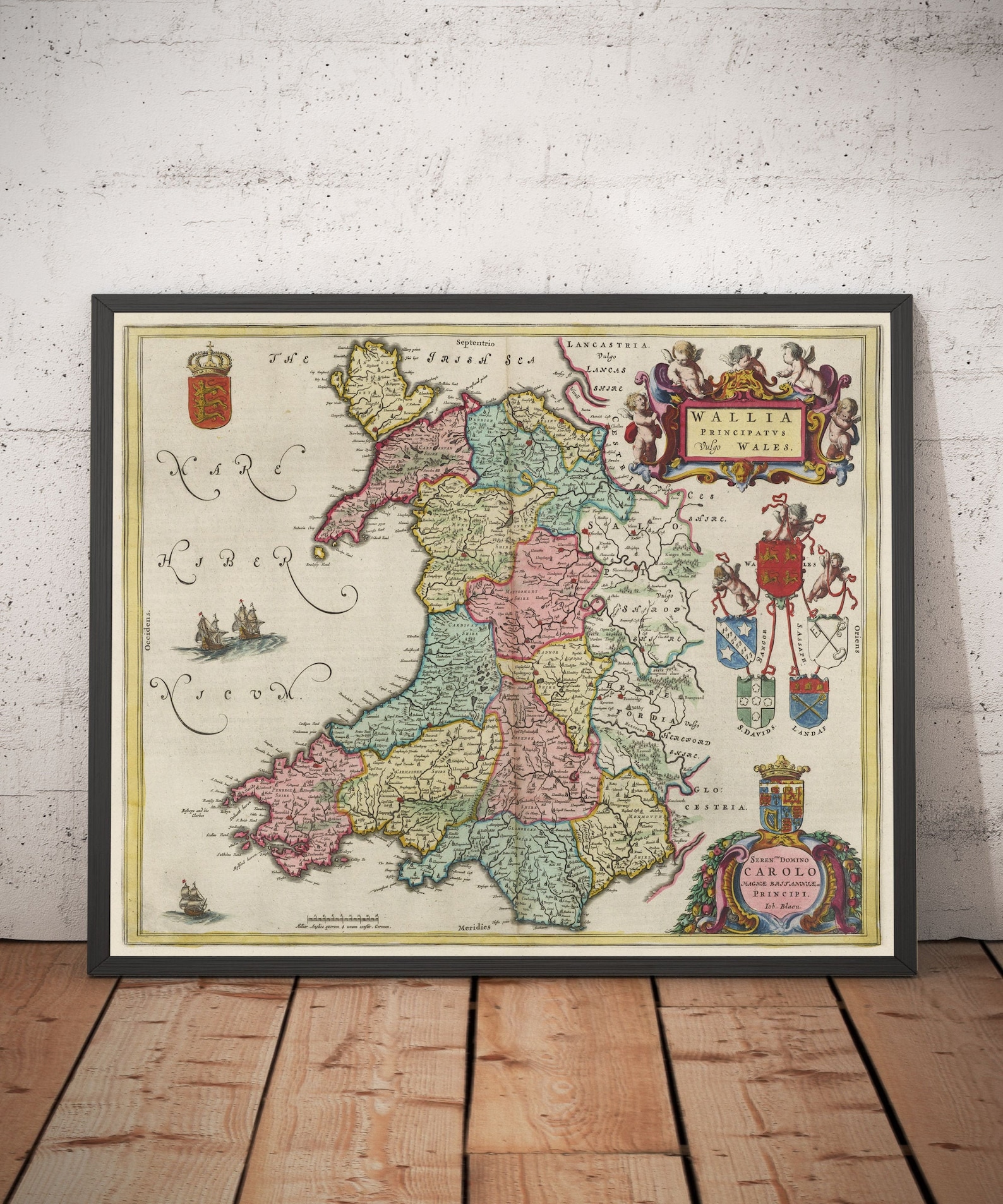 Rare Old Map of Wales, Cymru by Joan Blaeu 1645 - Ancient Country Wall ...