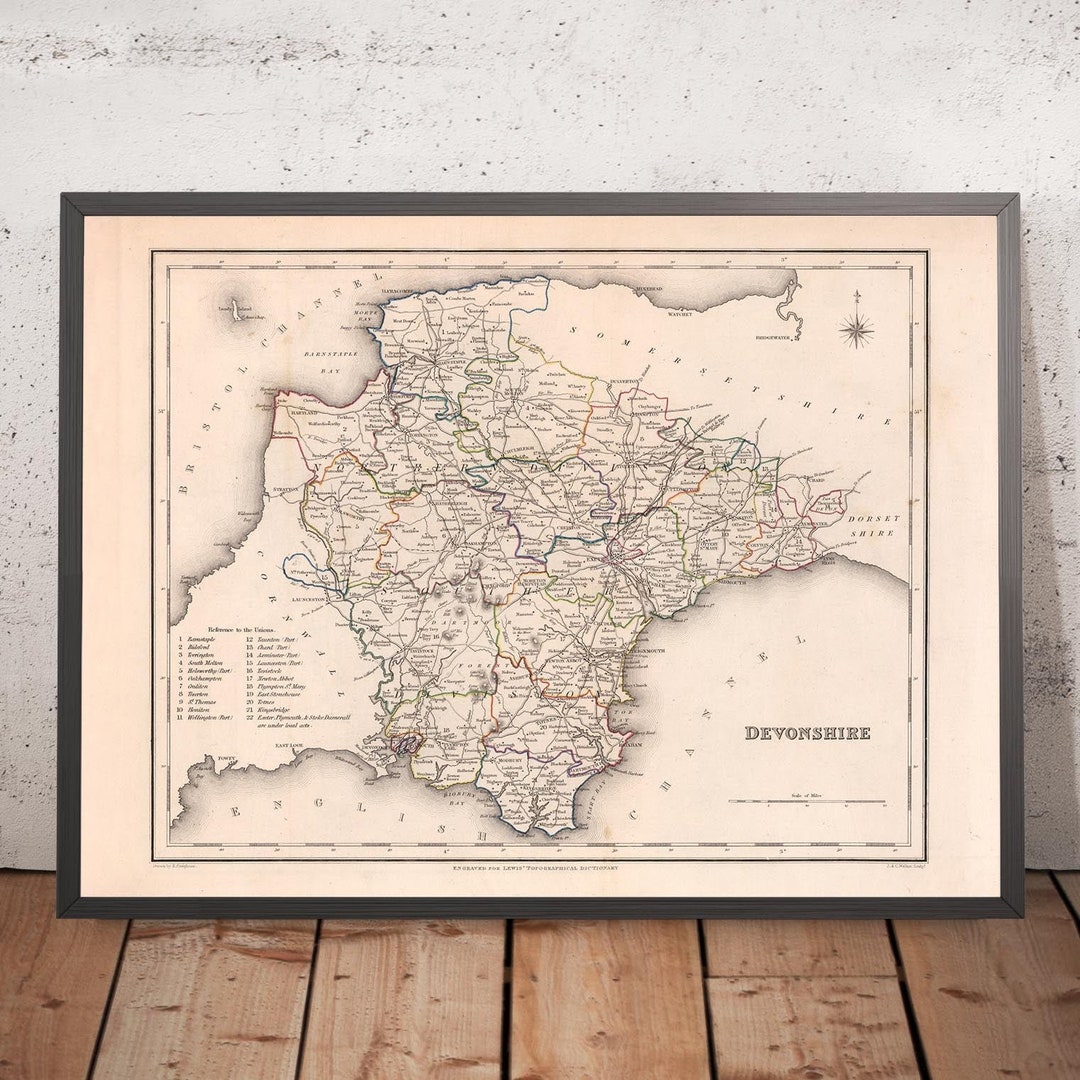 Old Map of Devon by Samuel Lewis, 1844: Exeter, Plymouth, Torquay ...