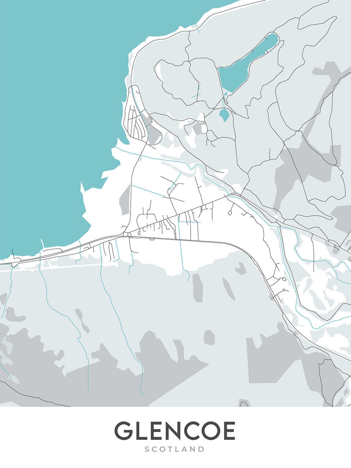 Modern Town Map of Glencoe, Scotland: Village, River Coe, A82, Lochan ...