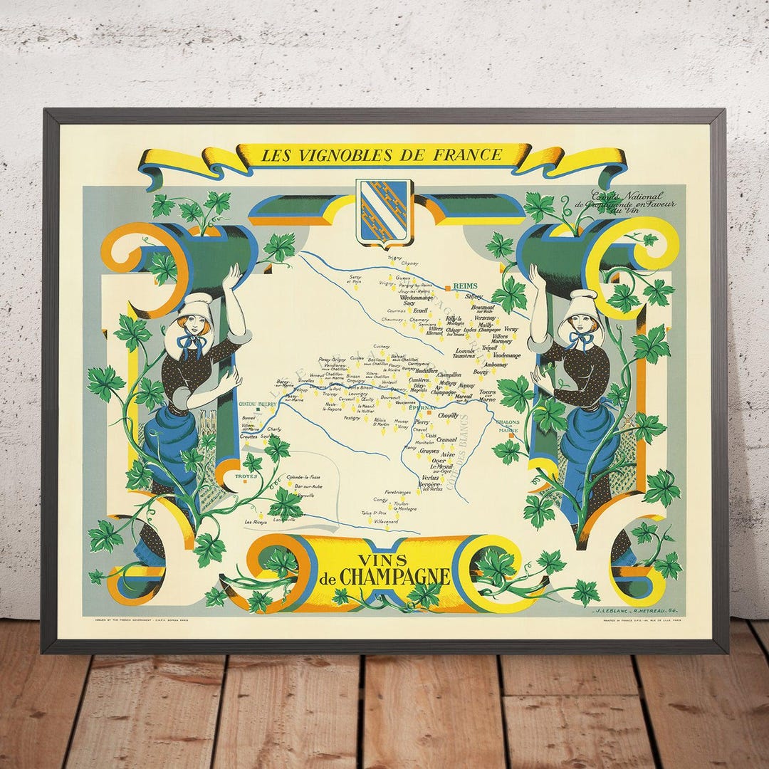 Old Wine Map of Champagne Region by Hetreau, 1954: Reims, Troyes ...