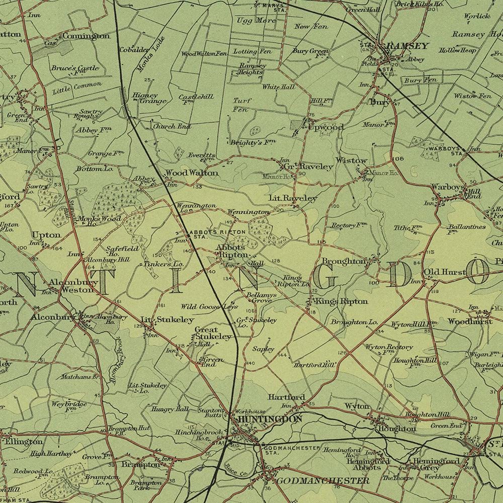 Old OS Map of Cambridge, Huntingdon by Bartholomew, 1901: St Neots, St ...