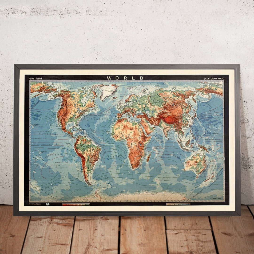 Old Physical World Map by G Pohlmann, 1950: Educational Lecture Hall ...