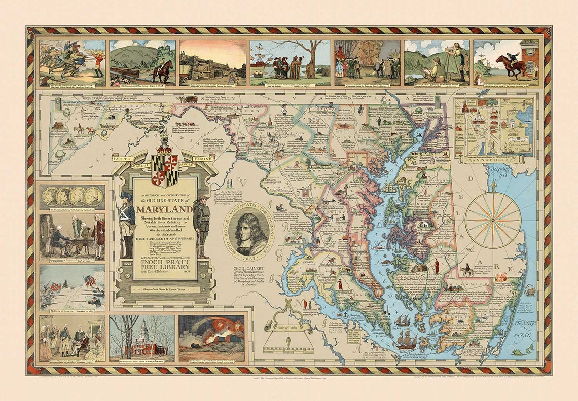 Old Historical Map of Maryland in 1931 by Edward Tunis - Baltimore ...