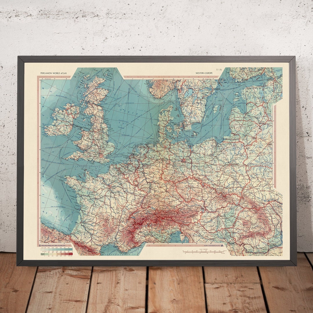 Old Map of Western Europe, 1967: Detailed Political and Physical Map ...