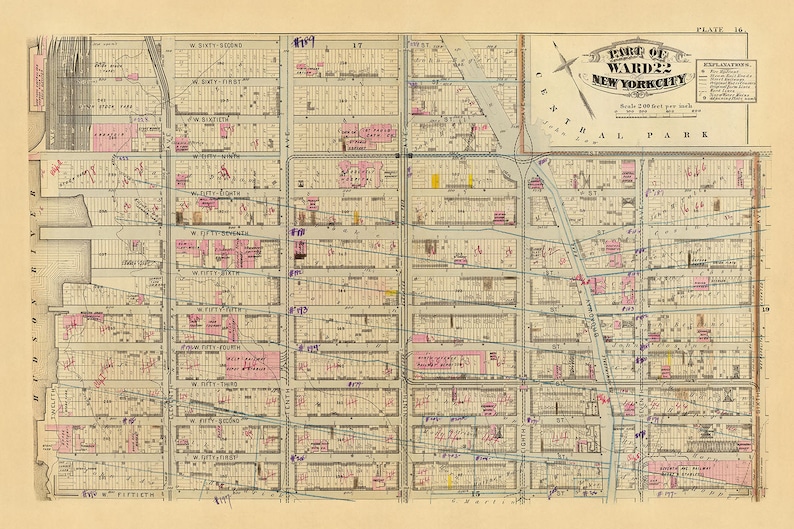 Old Map of Clinton, Ward 22, NYC, 1879: Hells Kitchen, Columbus Circle ...