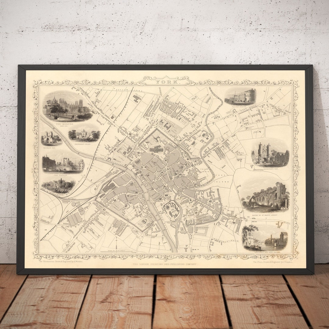 Old Map of York in 1851 by Tallis & Rapkin - City Centre, York Minster ...