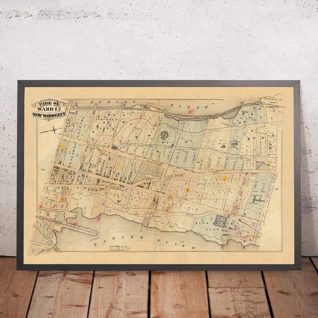 Old Map of Harlem, NYC by Bromley, 1879: Hudson River, Harlem River ...