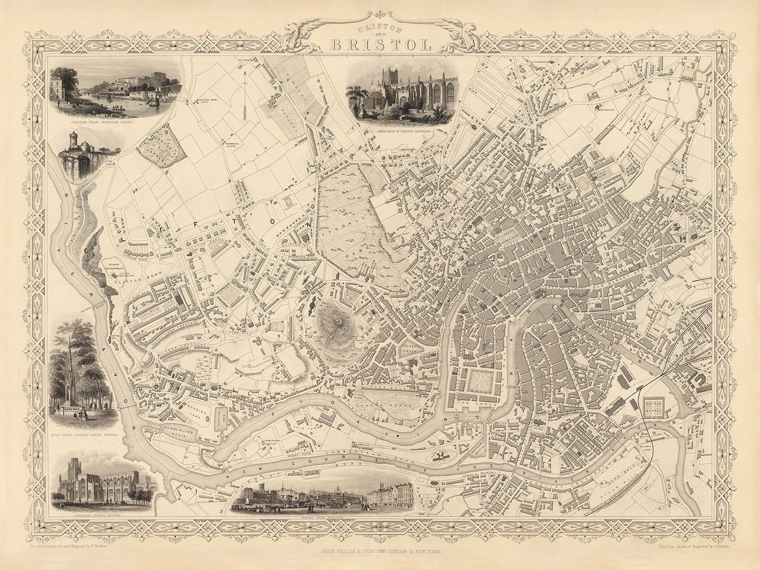 Old Map of Bristol in 1851 by Tallis & Rapkin - Clifton, Temple Meads ...