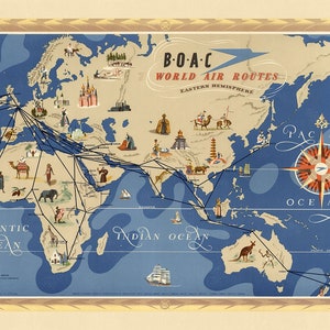 Old Pictorial Map of Eastern Hemisphere Air Routes by BOAC, 1949: Mid ...
