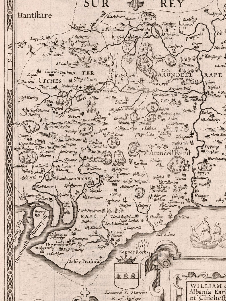 Old Map of Sussex in 1611 by John Speed Worthing Crawley - Etsy UK