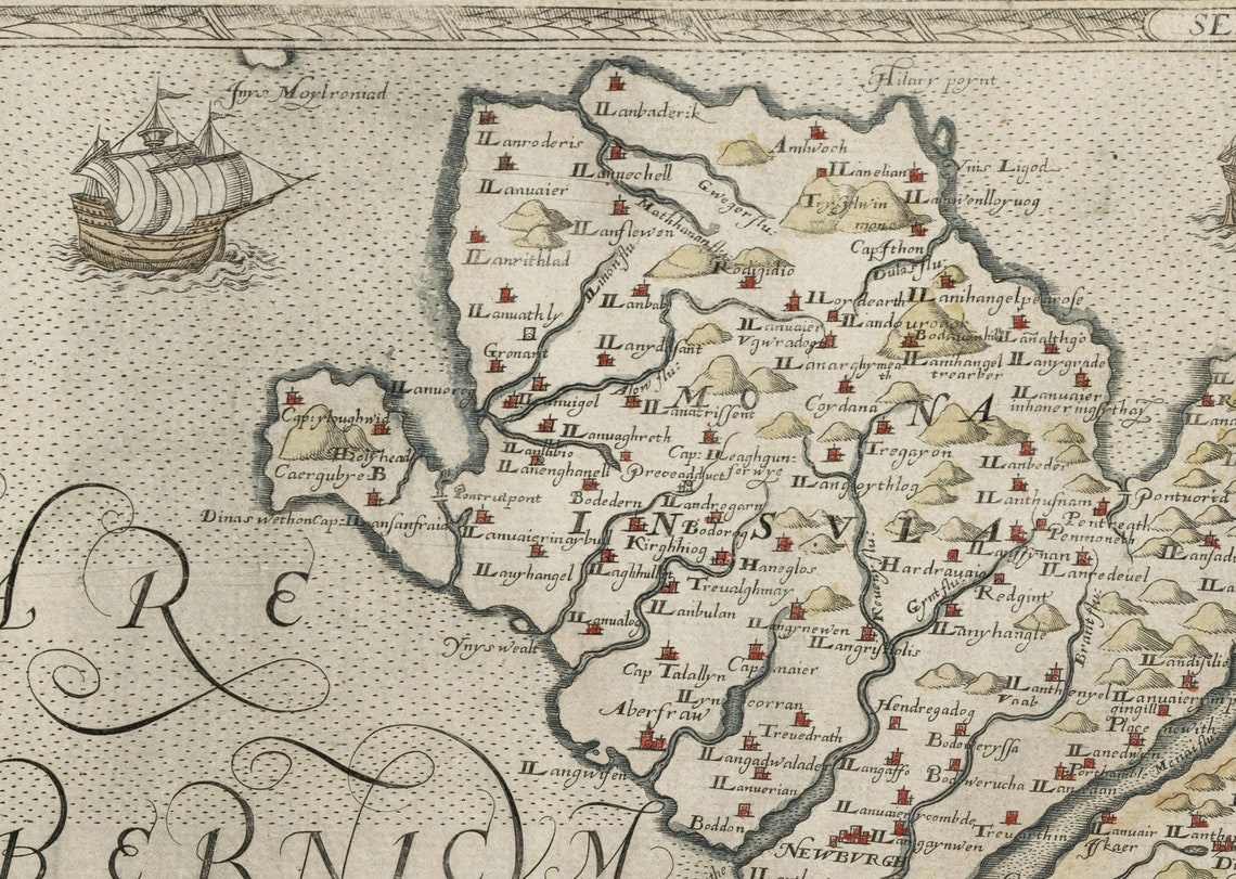 First Map of Anglesey & Gwynedd, 1577 - Old Map by Christopher Saxton ...